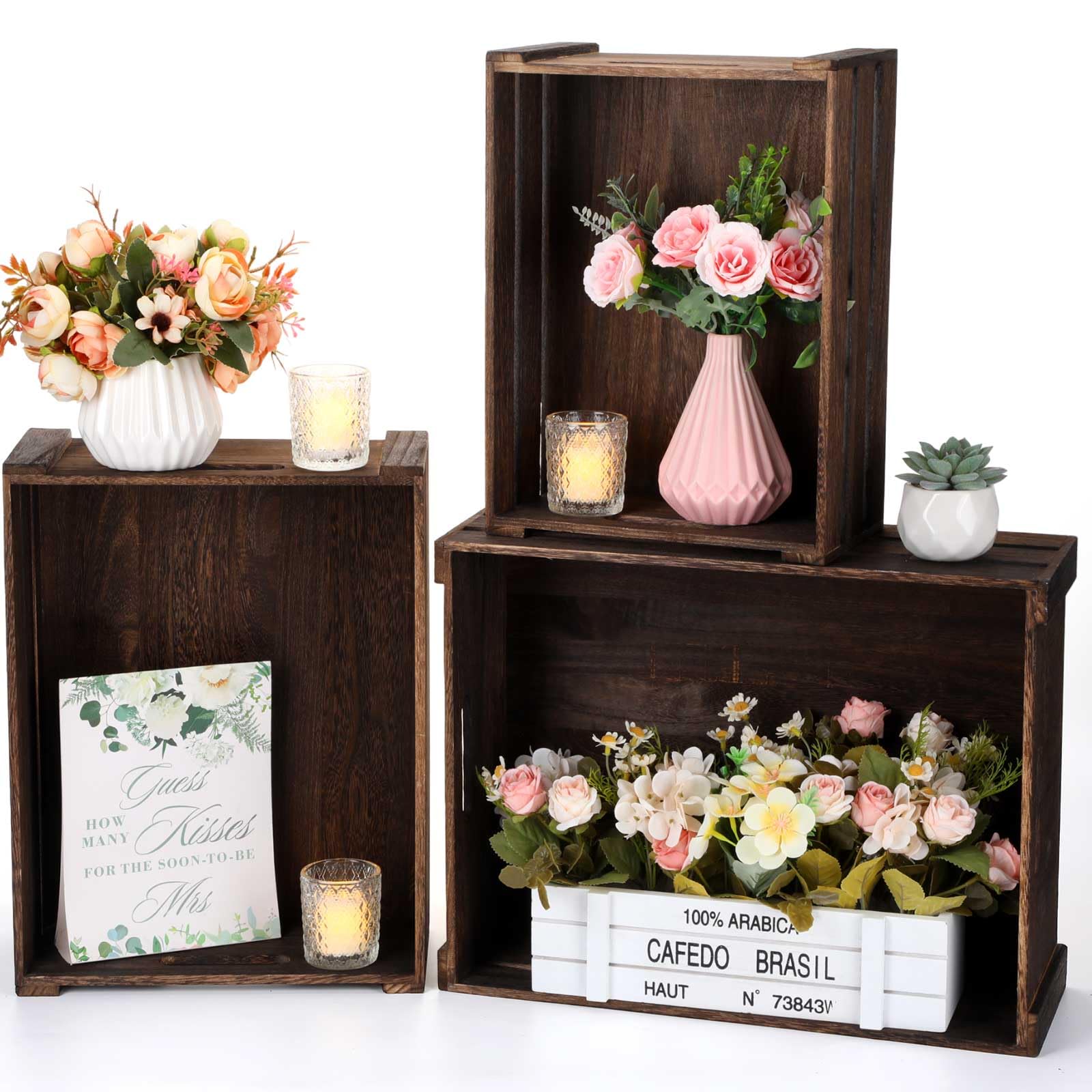 Amazon.com: CroBlissful 3 Pcs Decorative Wood Crate Nesting Storage ...