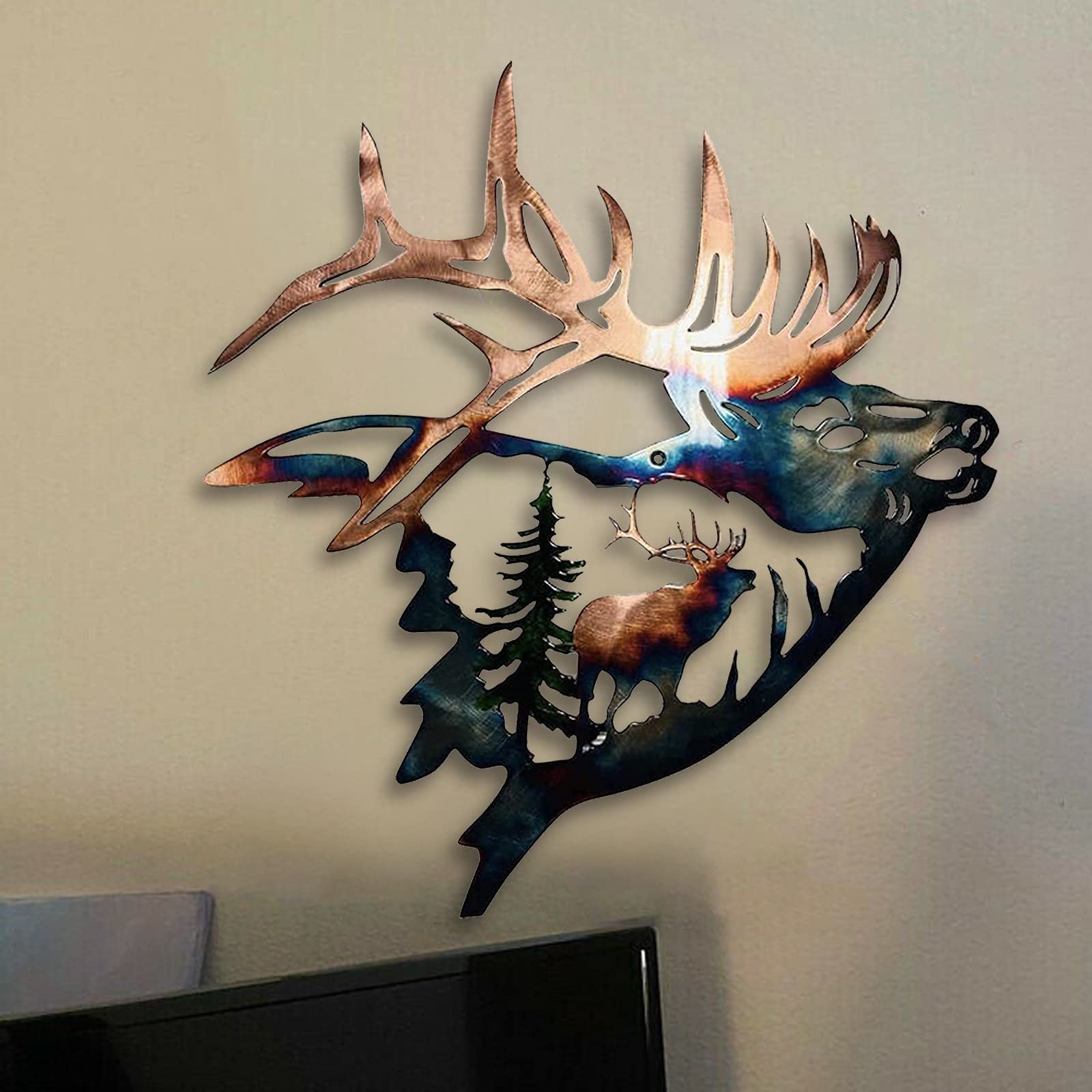 WIBOTA 17.8”Caseree Rustic Metal Elk Wall Art Decor Cabin Hunting Decor ...