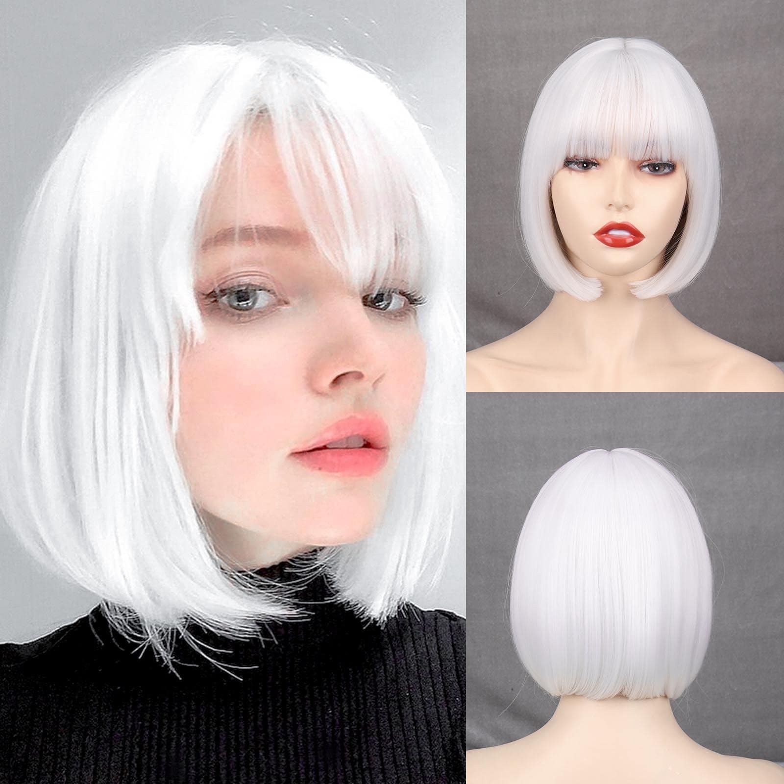 Amazon.com : WERD Short White Bob Wig Bangs Straight White Wig for ...