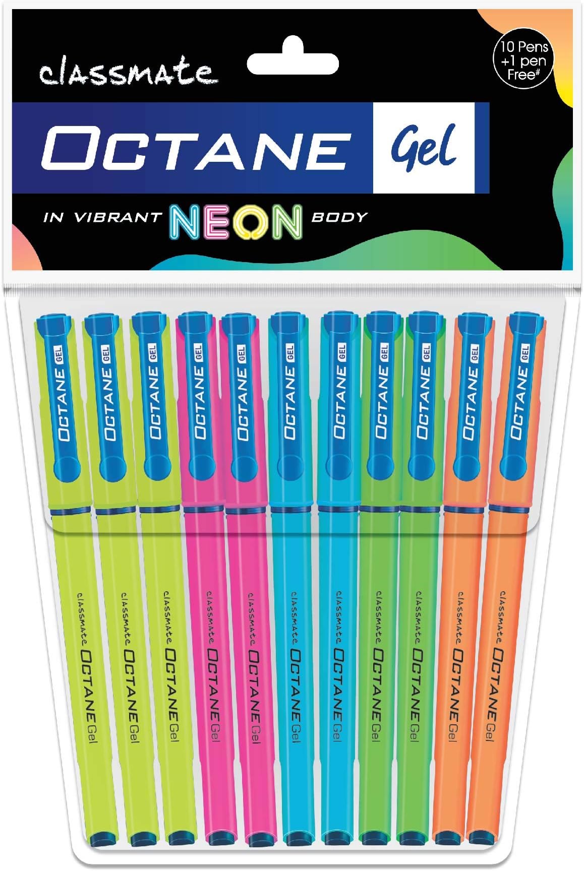 Classmate Octane Gel Pen- Neon Series (Blue)- Pack of 10 Pens + 1 Pen ...