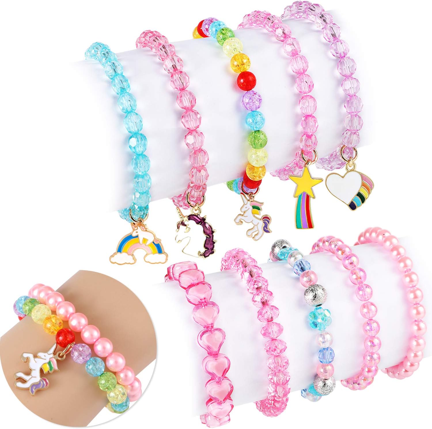 G.C 10 PCS Girls Kids Rainbow Beaded Bracelet with Cute Unicorn Rainbow ...