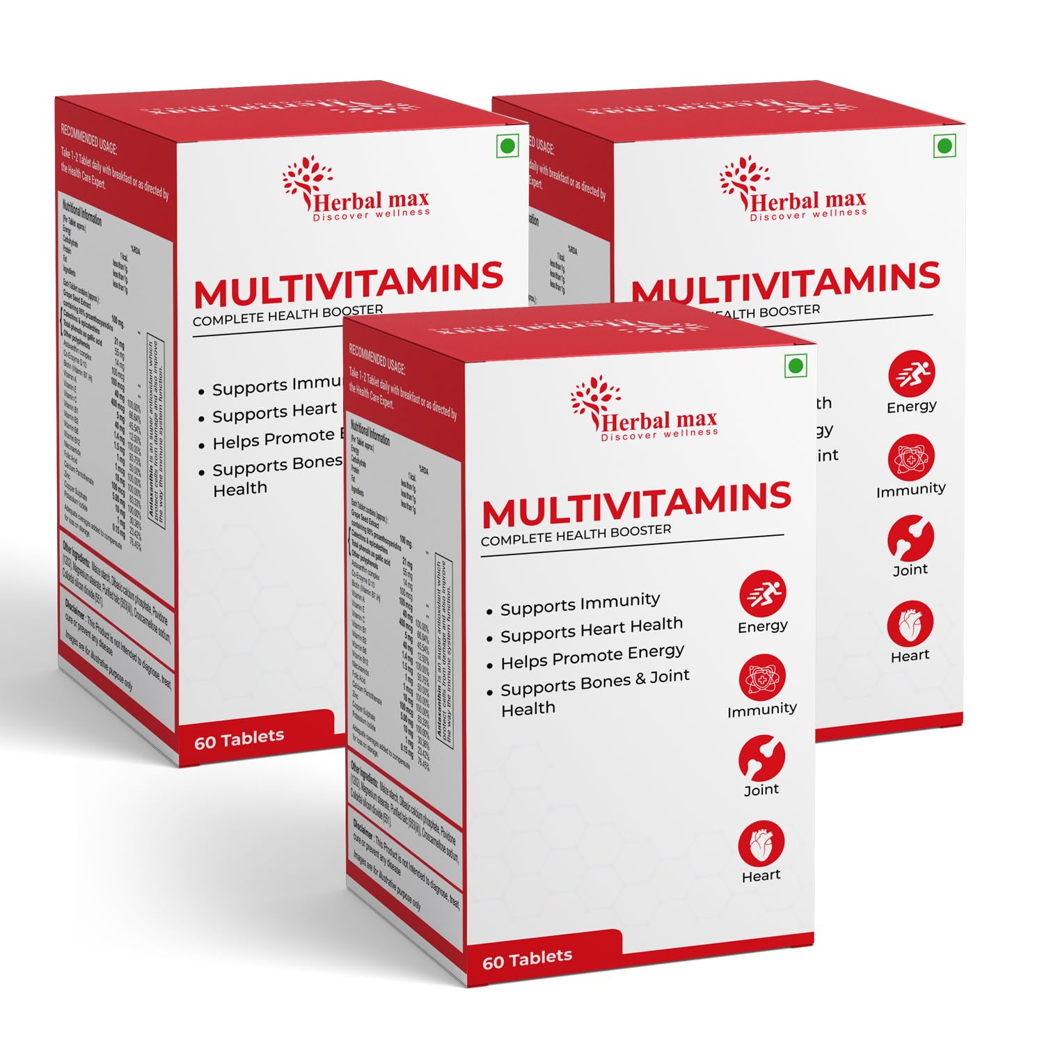 Herbal Max Multivitamin Tablets - 180 Tablets (Pack of 3) | With Zinc ...