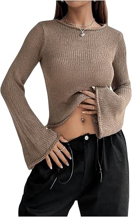 GORGLITTER Women's Crochet Sweaters Flare Long Sleeve Crewneck Sheer ...