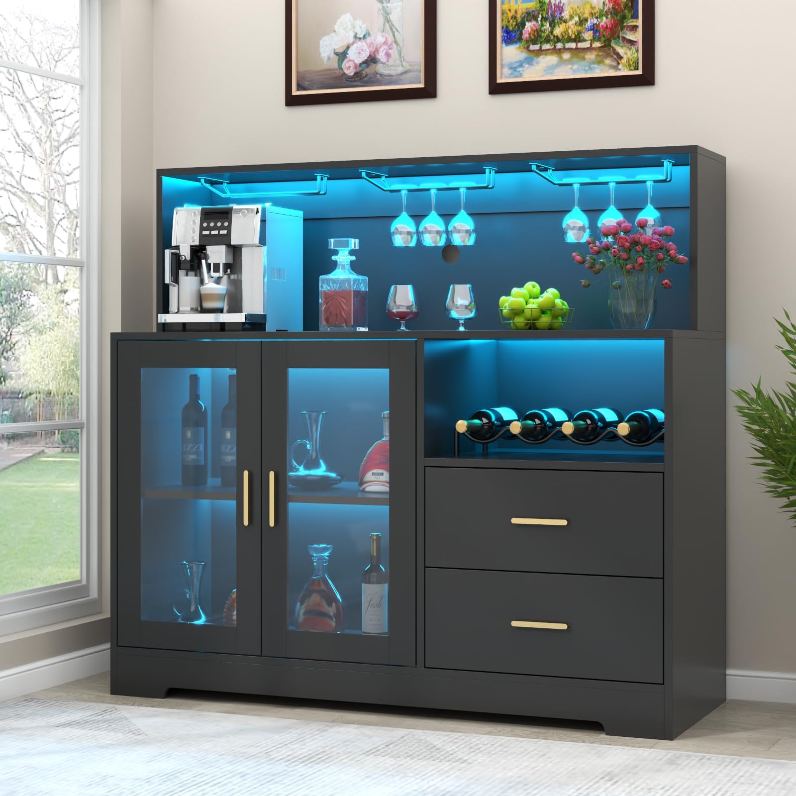 Amazon.com: LVB Large Bar Cabinet with Fridge Space, Rustic Long Liquor ...