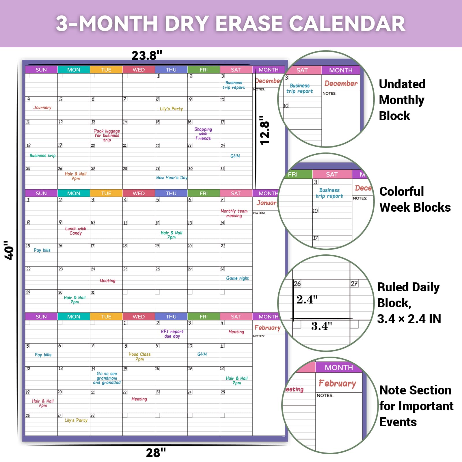 Snapklik.com : Large Dry Erase Calendar For Wall - Undated 3 Month ...