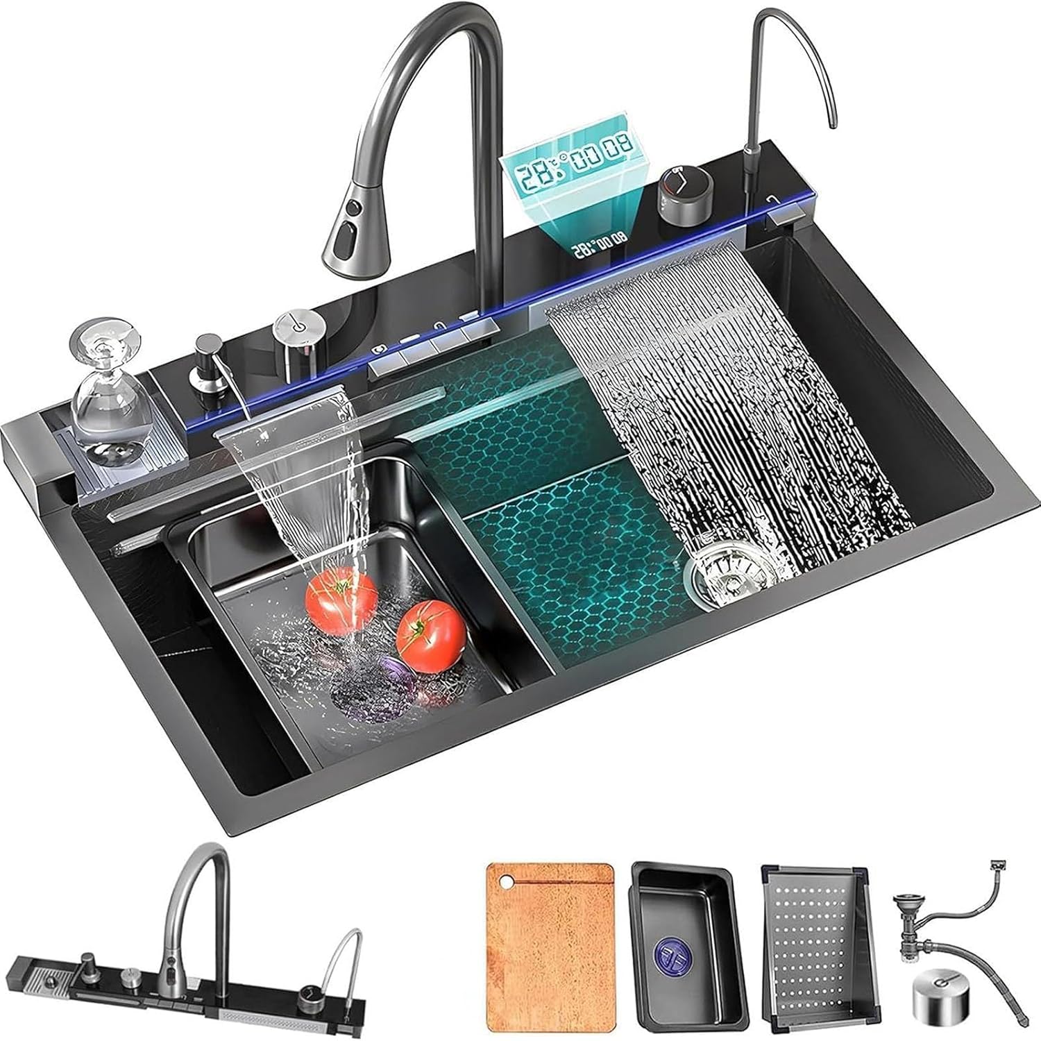 Black Kitchen Sink 304 Stainless Steel Undermount/Drop In Waterfall ...
