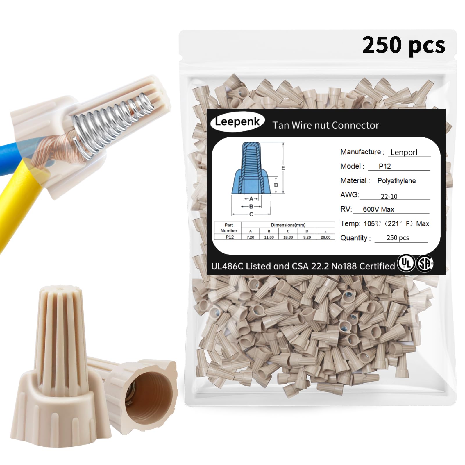 Leepenk 250 PCS Tan Wire Nuts Connectors P12 22-10AWG Twist Wire Caps Electrical Wire Connectors ...