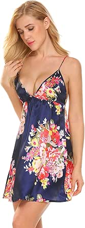 Ekouaer Women's Sexy Sleepwear V-Neck Nightwear Satin Chemise Nightgown(Navy Blue,L) at Amazon ...