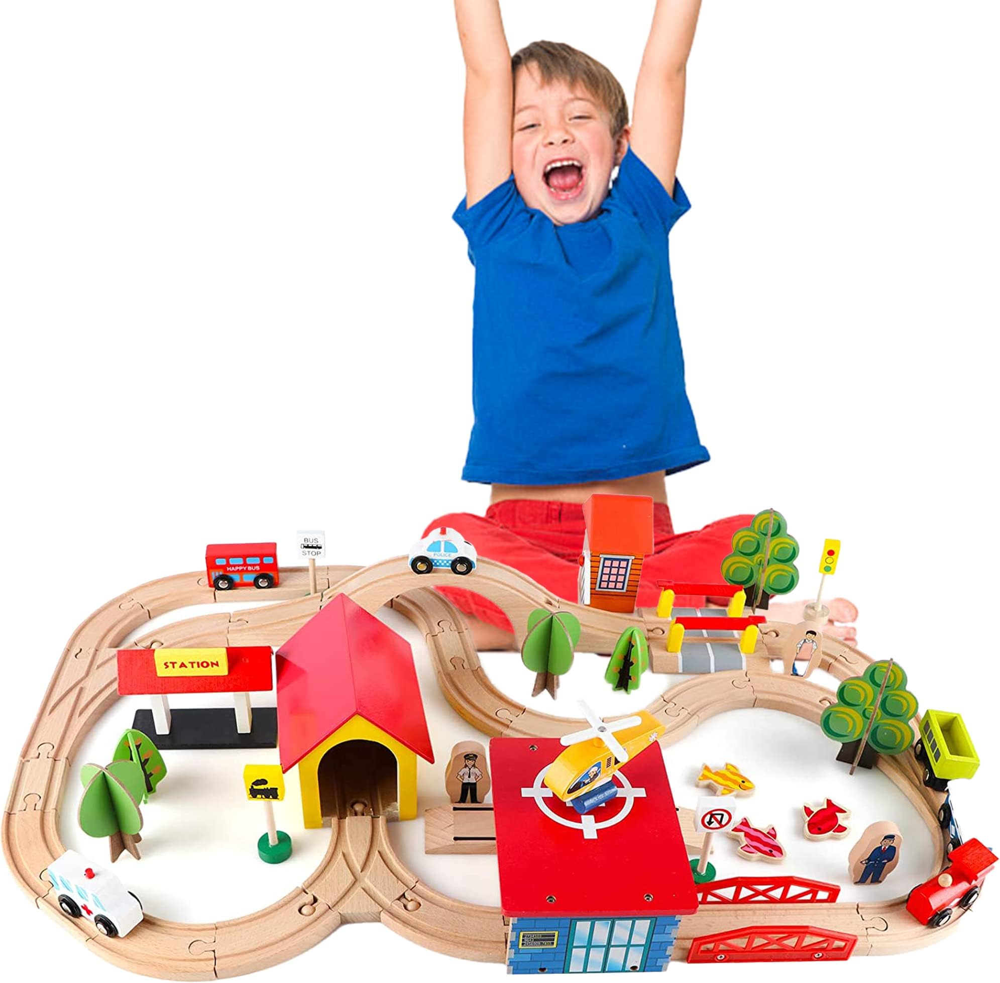 Play22 Wooden Train Tracks - 52 PCS Wooden Train Set + 2 Bonus Toy ...