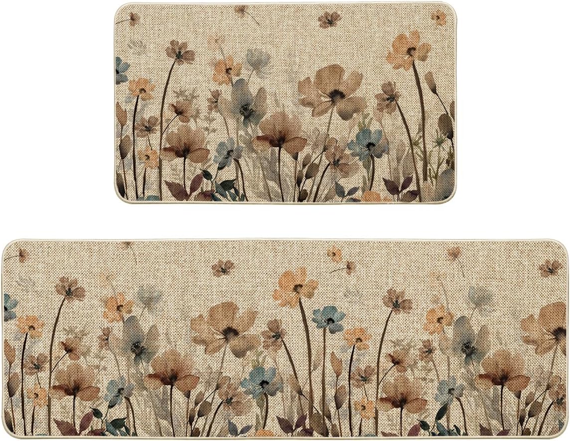 Amazon.com: Artoid Mode Brown Poppy Floral Leaves Spring Kitchen Mats ...