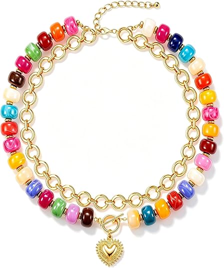 Amazon.com: Cuier Layered Necklaces for Women, Colorful Chunky Beaded ...