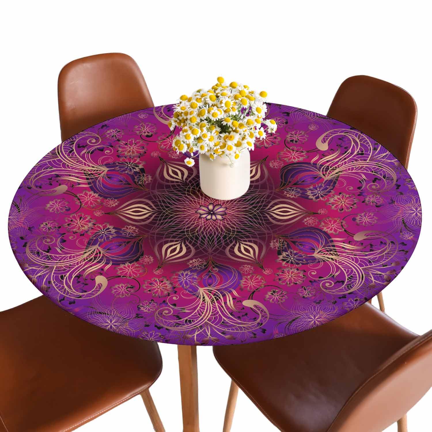Amazon.com: Guxxuil Purple Black Floral Round Tablecloths Elastic Edged ...