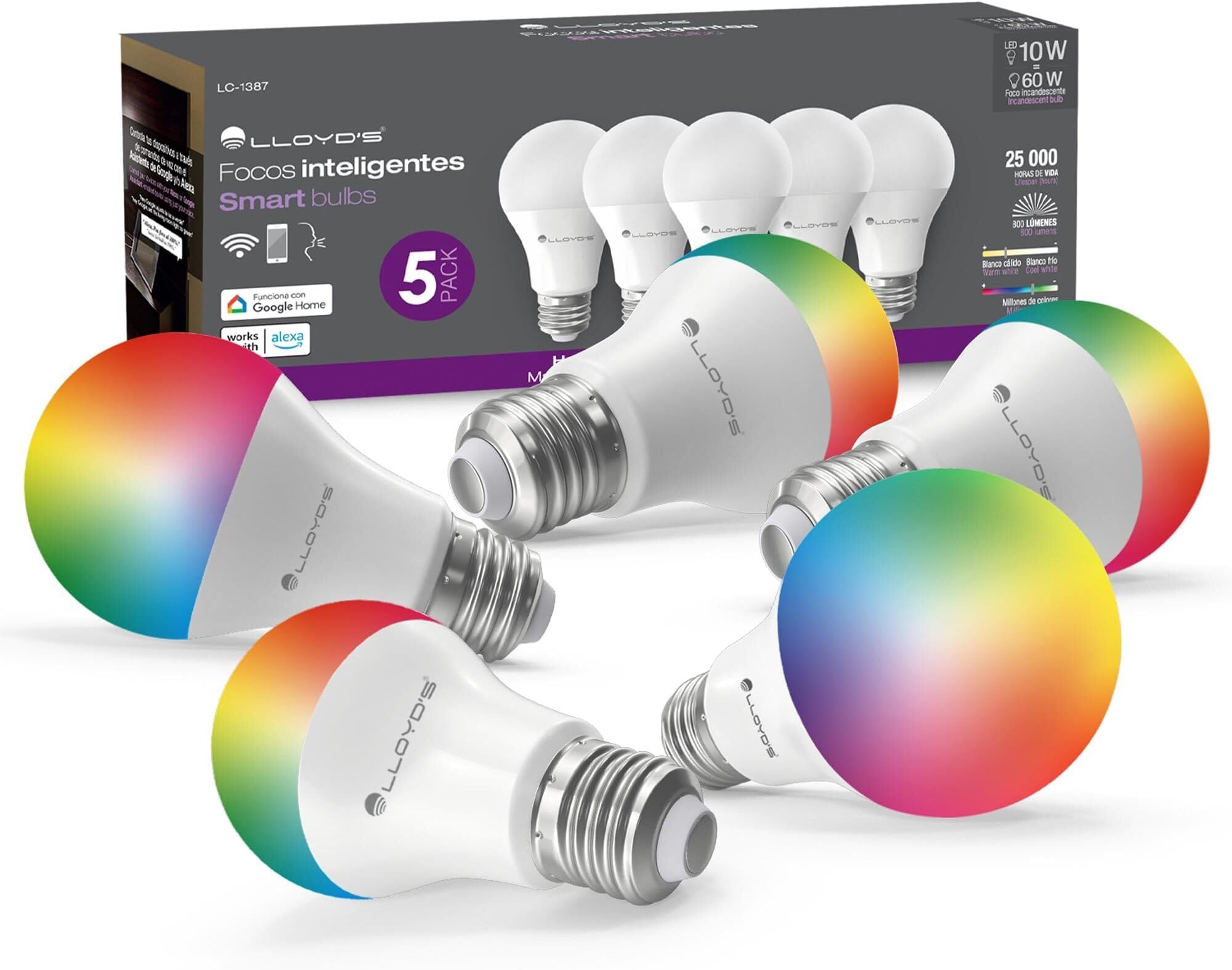 Lloyd's Set de 5 Focos Inteligentes RGB WiFi, Compatible con Alexa y ...