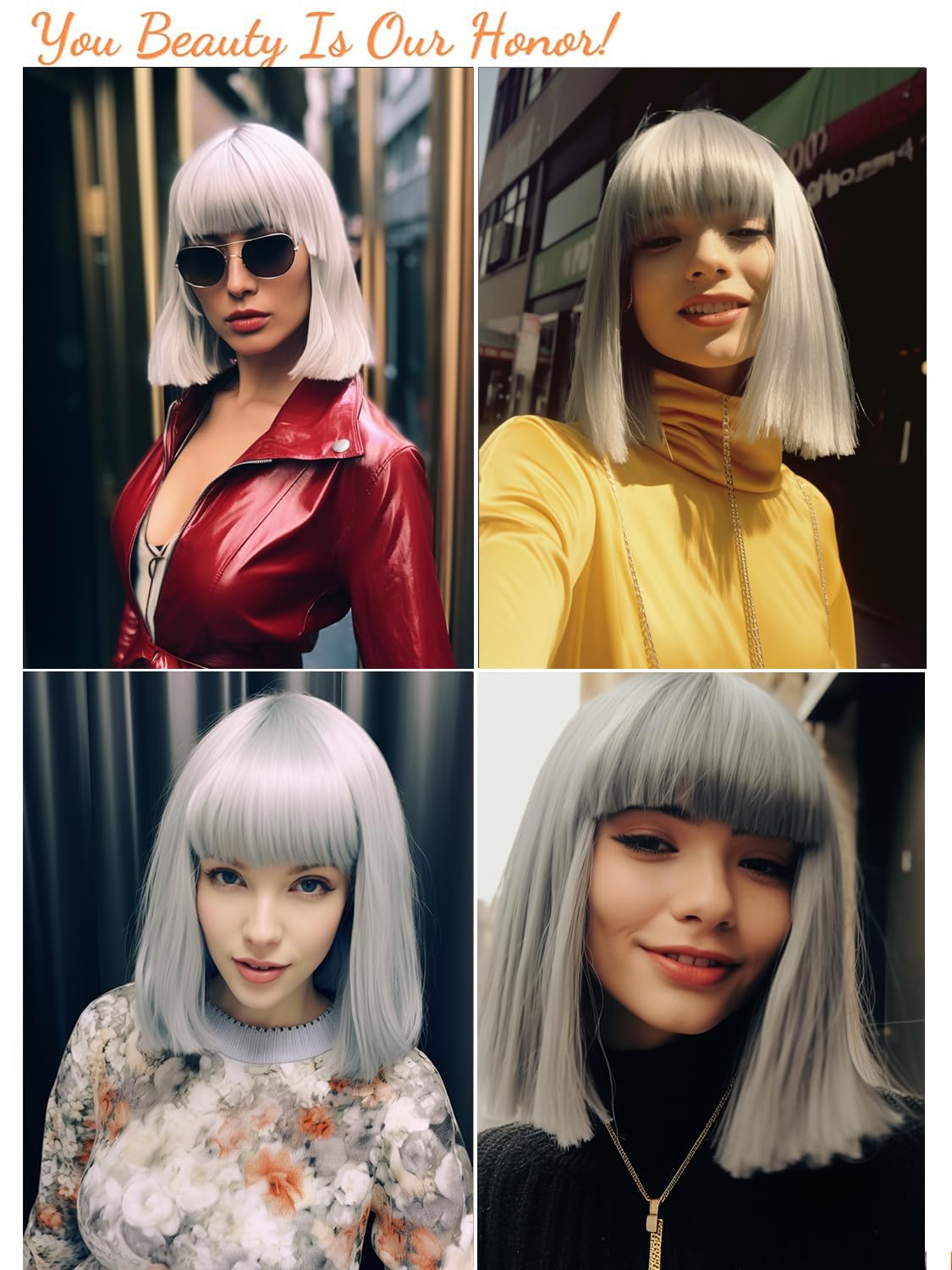 BESTUNG Short Silver Bob Wigs with Bangs,Short Straight Bob Silver Wigs ...