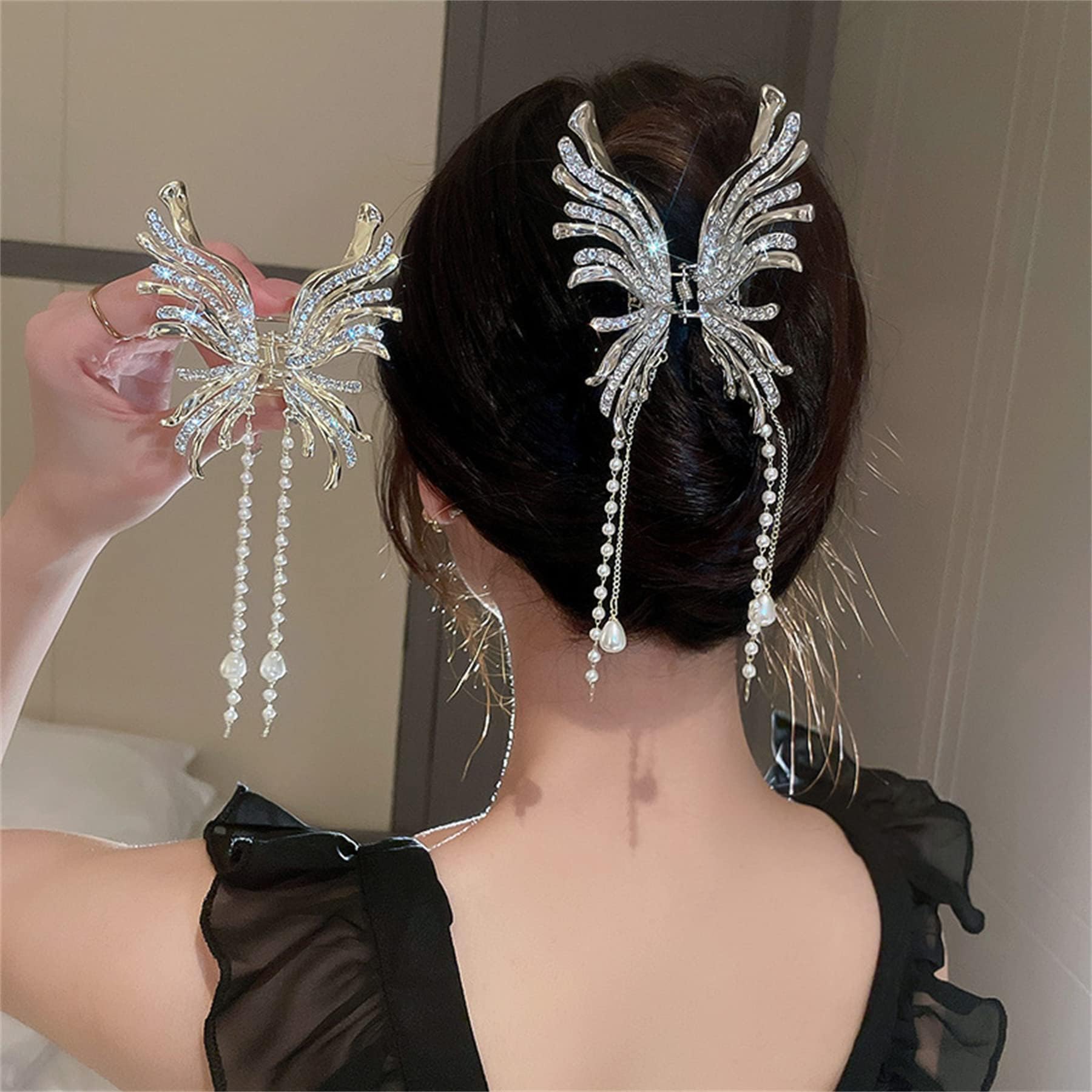 Amazon.com : Hair Claw Clip,2PCS Butterfly Rhinestone pearl Hair Clamps ...