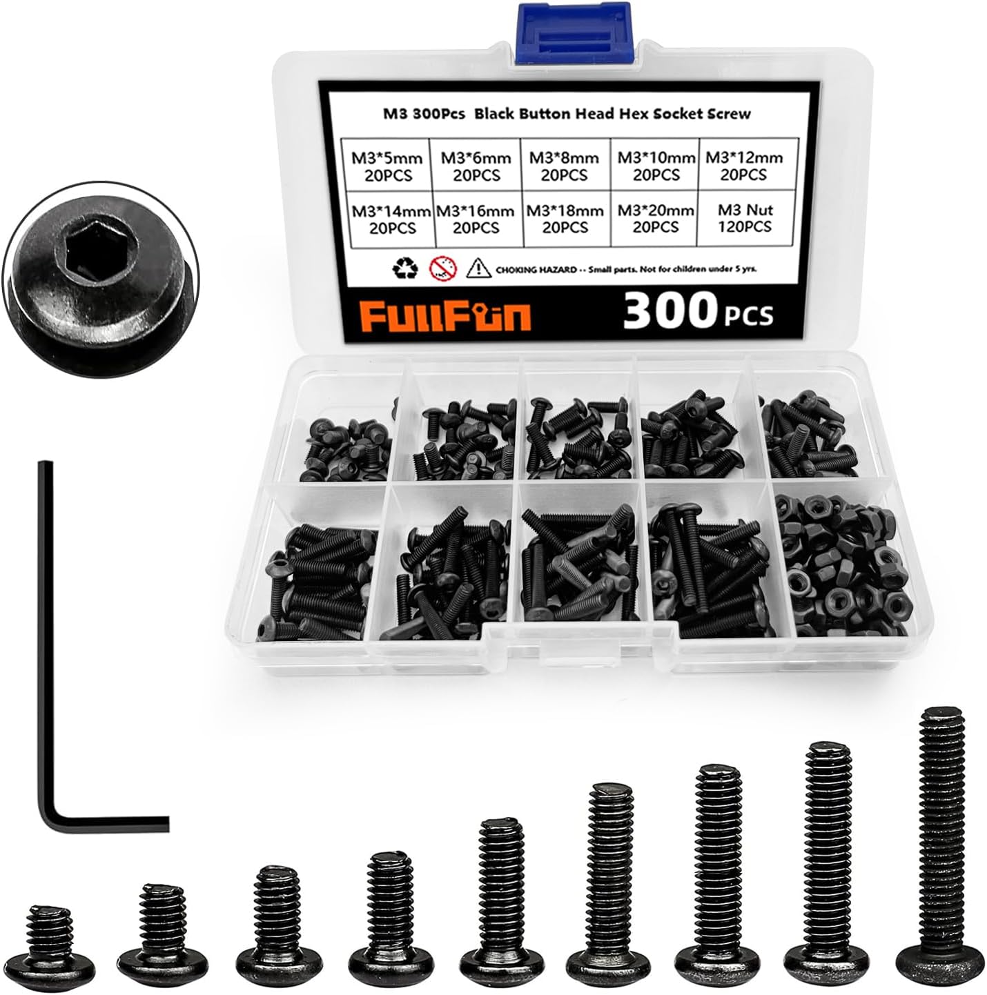 FullFun 300PCS M3 x 5/6/8/10/12/14/16/18/20mm Button Head Socket Cap ...