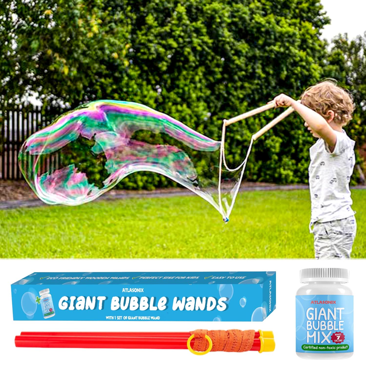 Atlasonix Giant Bubbles Kit - Incl. Big Bubble Wand, Giant Bubble Mix ...