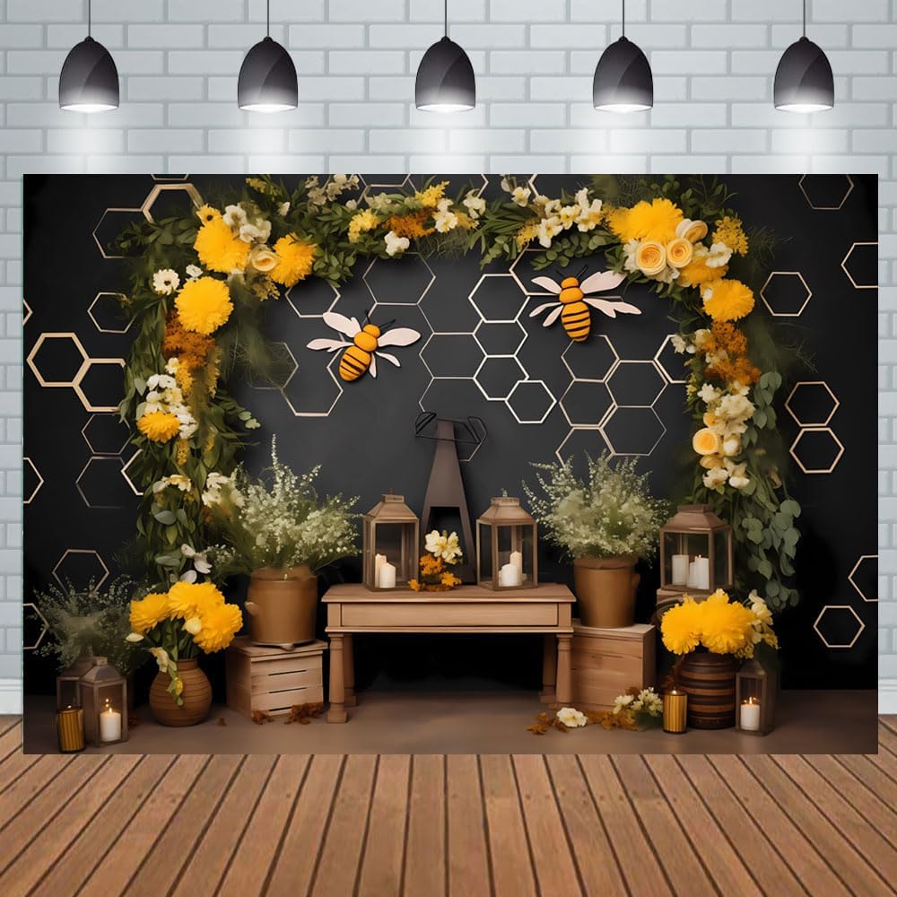 Amazon.com : Aperturee 7X5ft Sweet Bee Backdrop Yellow Floral Rustic ...