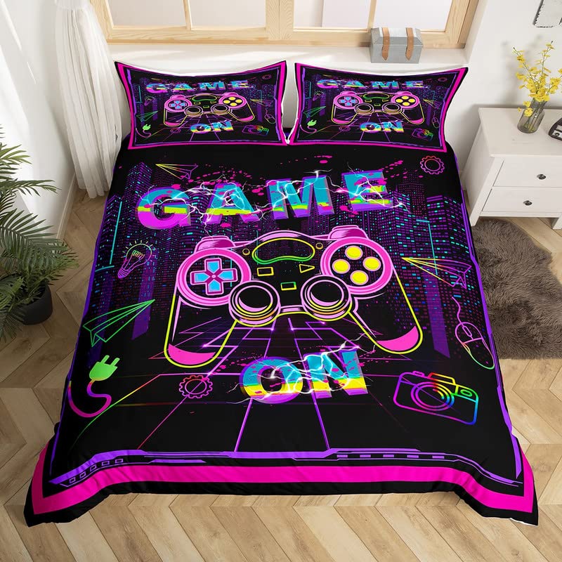 Amazon.com: Gaming Bedding Set Gamer Neon Purple Pink Comforter Cover ...