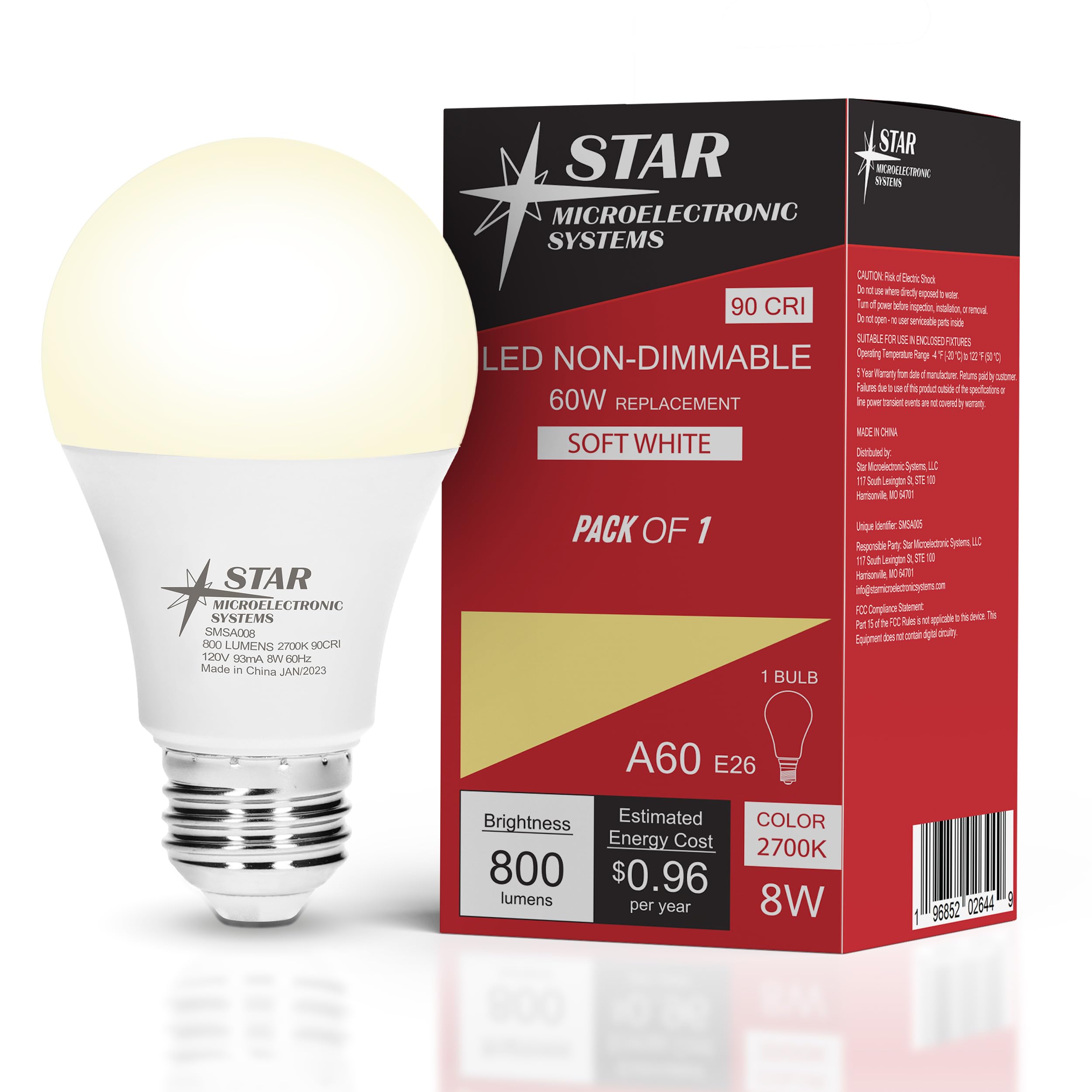 Star Microelectronic Systems LED Light Bulb 90 CRI 800 Lumens 2700K 33 ...