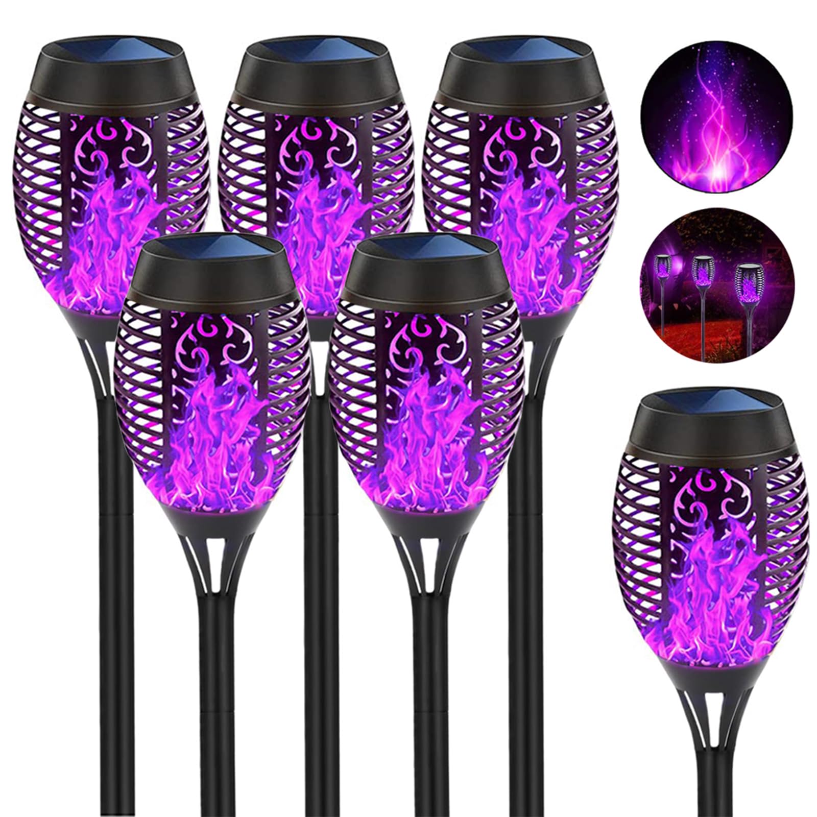 Solar Outdoor Lights 6 Pack, Purple Solar Torches Light with Flickering ...