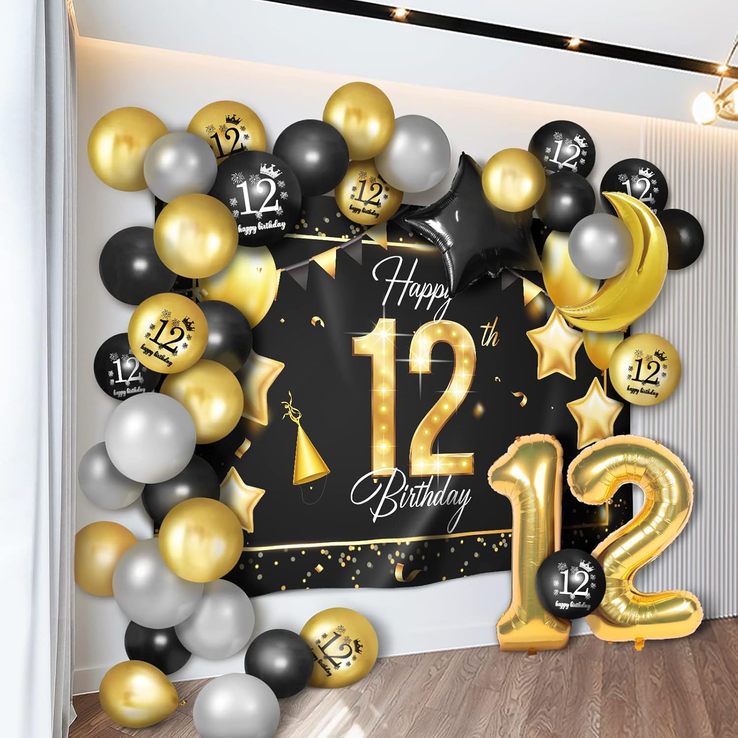 Amazon.com: Happy 12th Birthday Balloons Gold Set Decor - Cheers to 12 ...