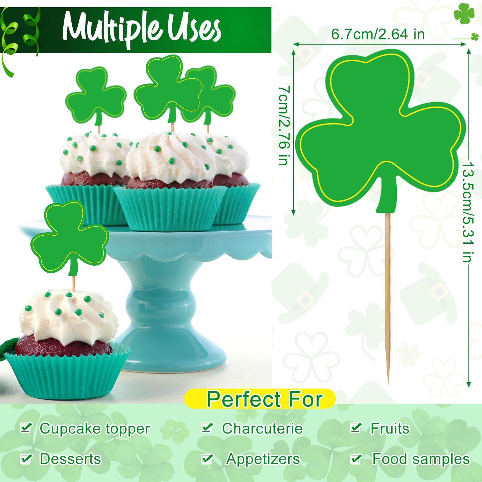 Snapklik.com : 60 Pcs 2.76 In Large Clover Cupcake Toppers, St Patricks ...