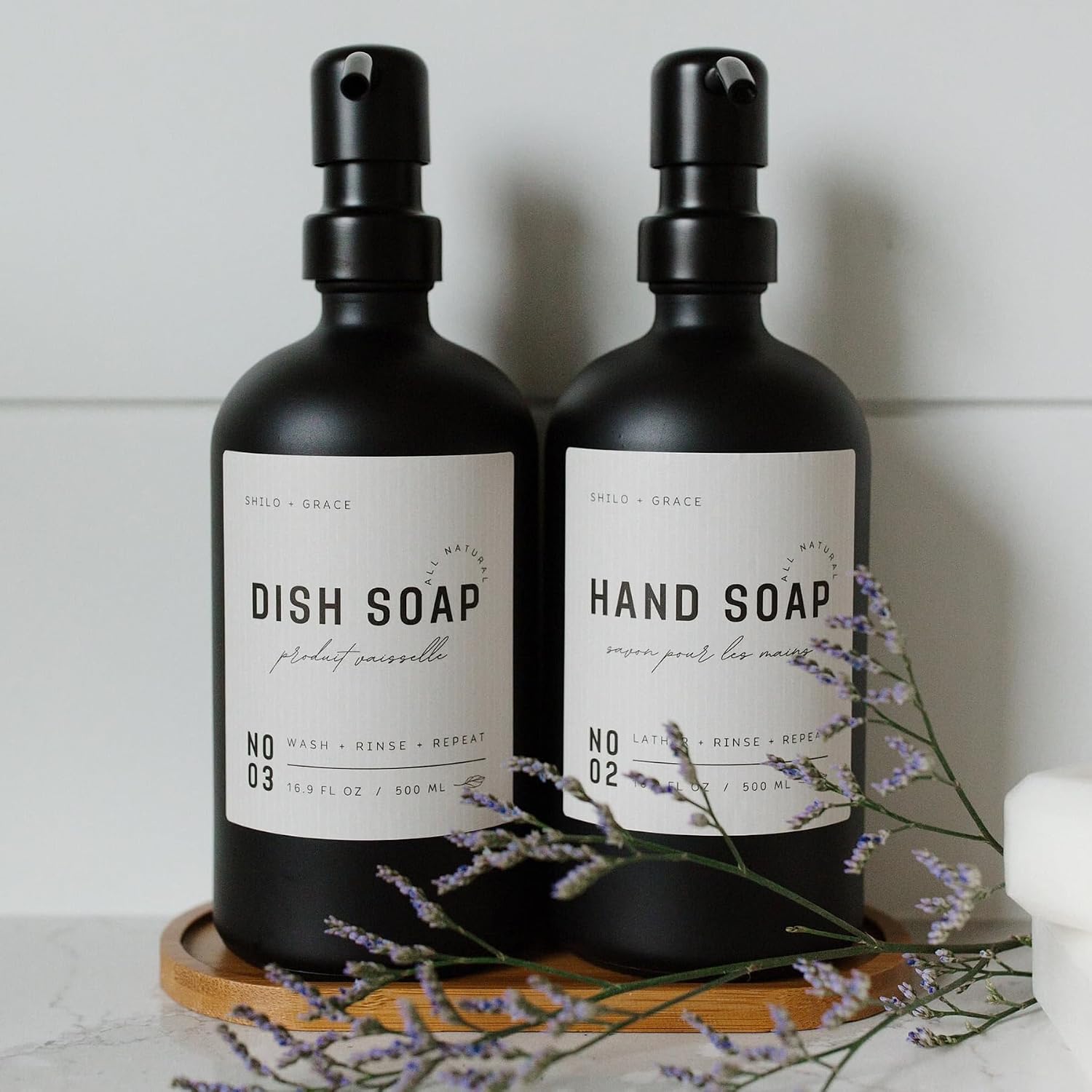 Amazon.com: Black Glass Soap Dispenser Set with Non-Slip Bamboo Tray ...