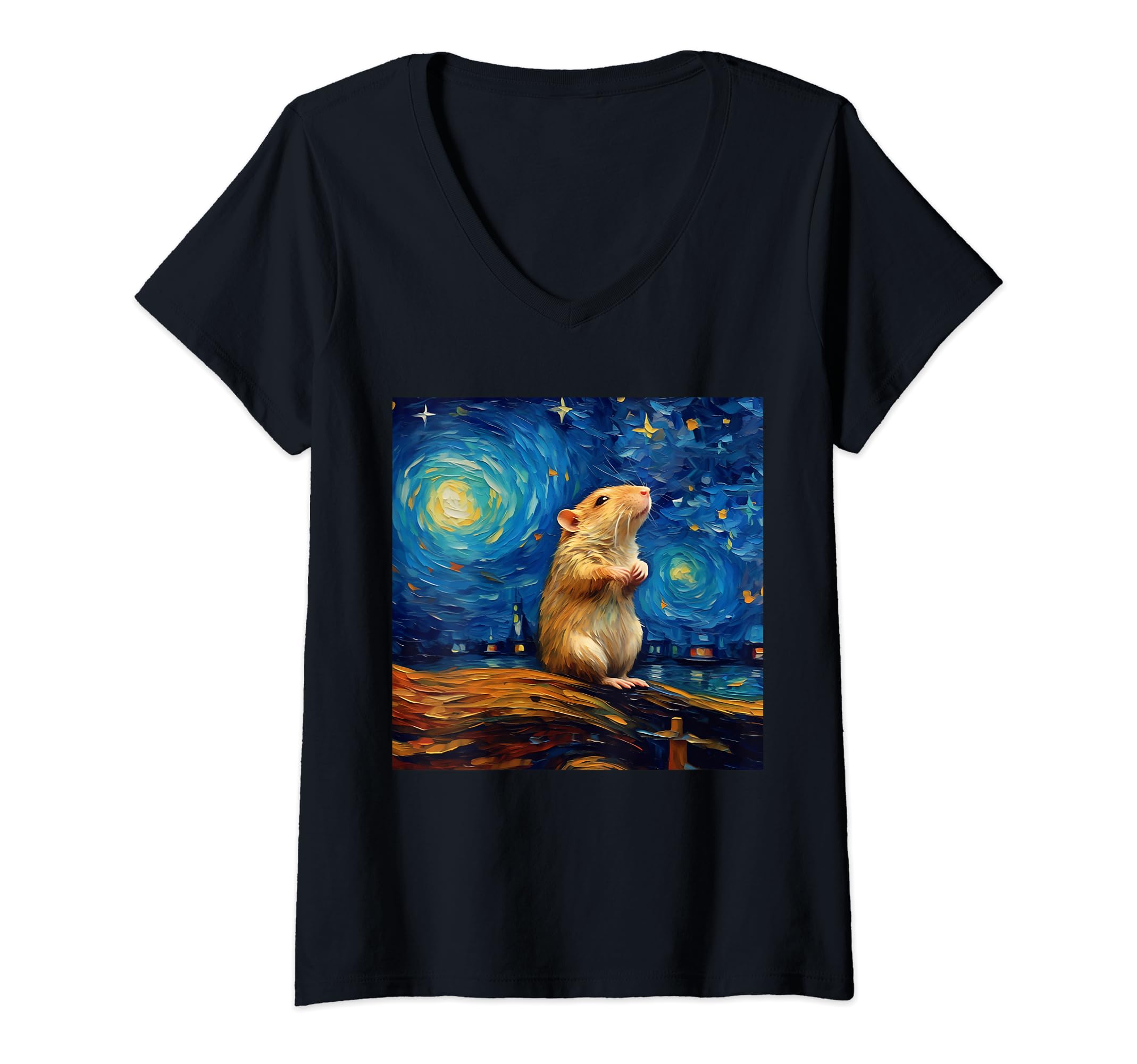 Amazon.com: Womens Surreal Starry Night Gerbil V-Neck T-Shirt ...