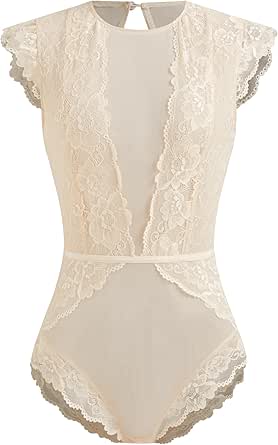 CIDER Lace Round Neckline Solid Cut Out See-through Bodysuit at Amazon Women’s Clothing store