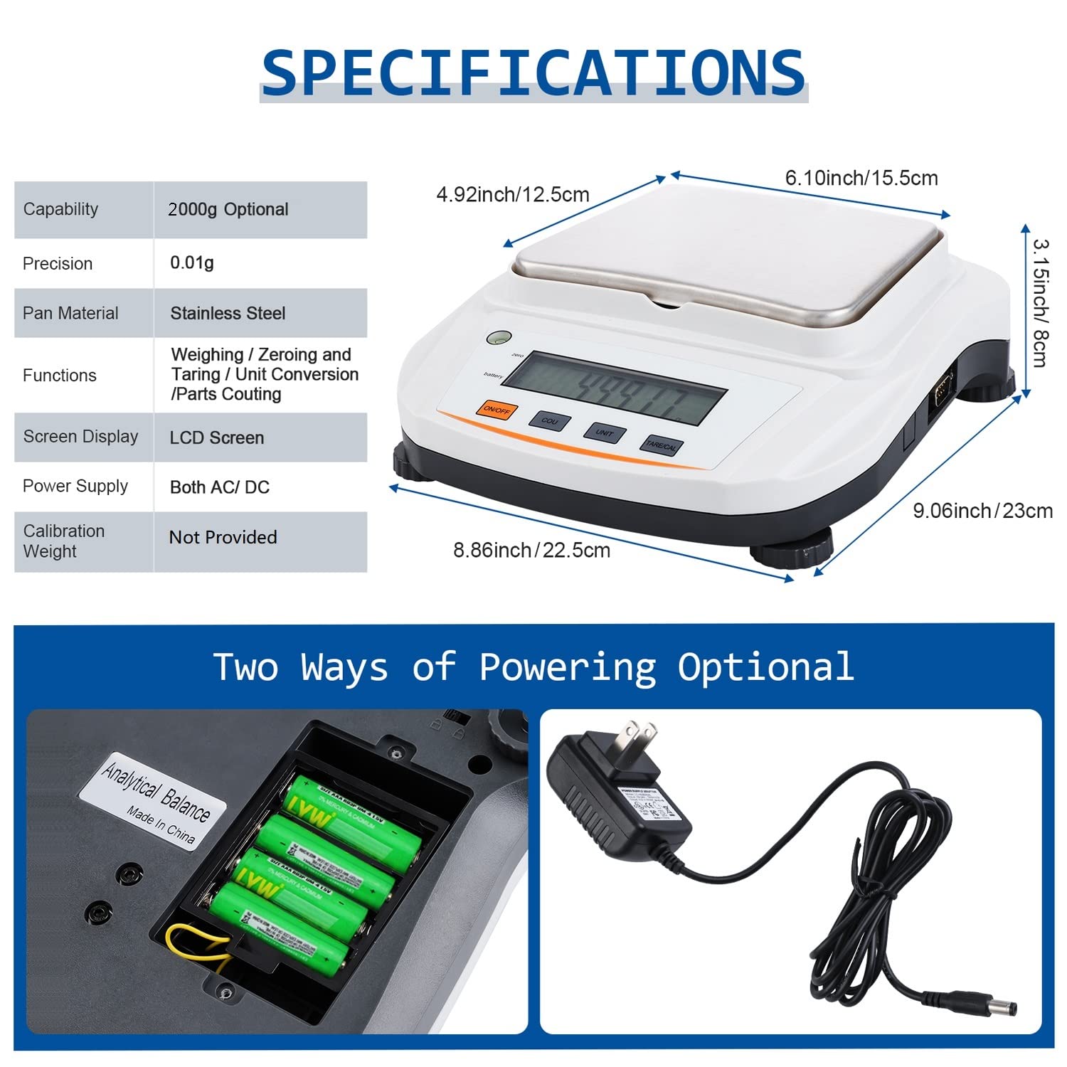 Lab Scale 2000g x 0.01g Accuracy, High Precision Lab Balance with RS232 ...