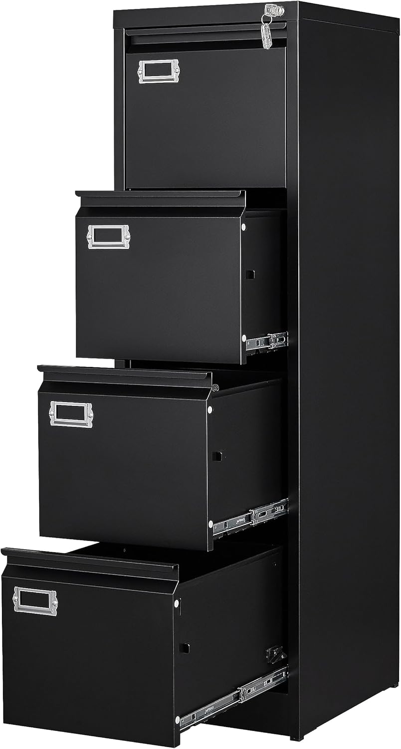 Amazon.com: Yizosh 4 Drawer Black File Cabinet with Lock, Filing ...