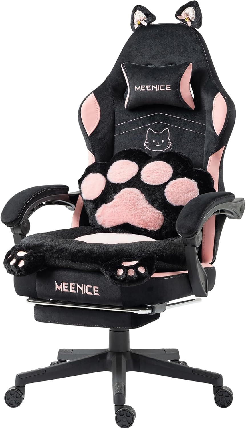 Gaming Chair Cute with Cat Ears Paw Lumbar and Cushion,Ergonomic ...