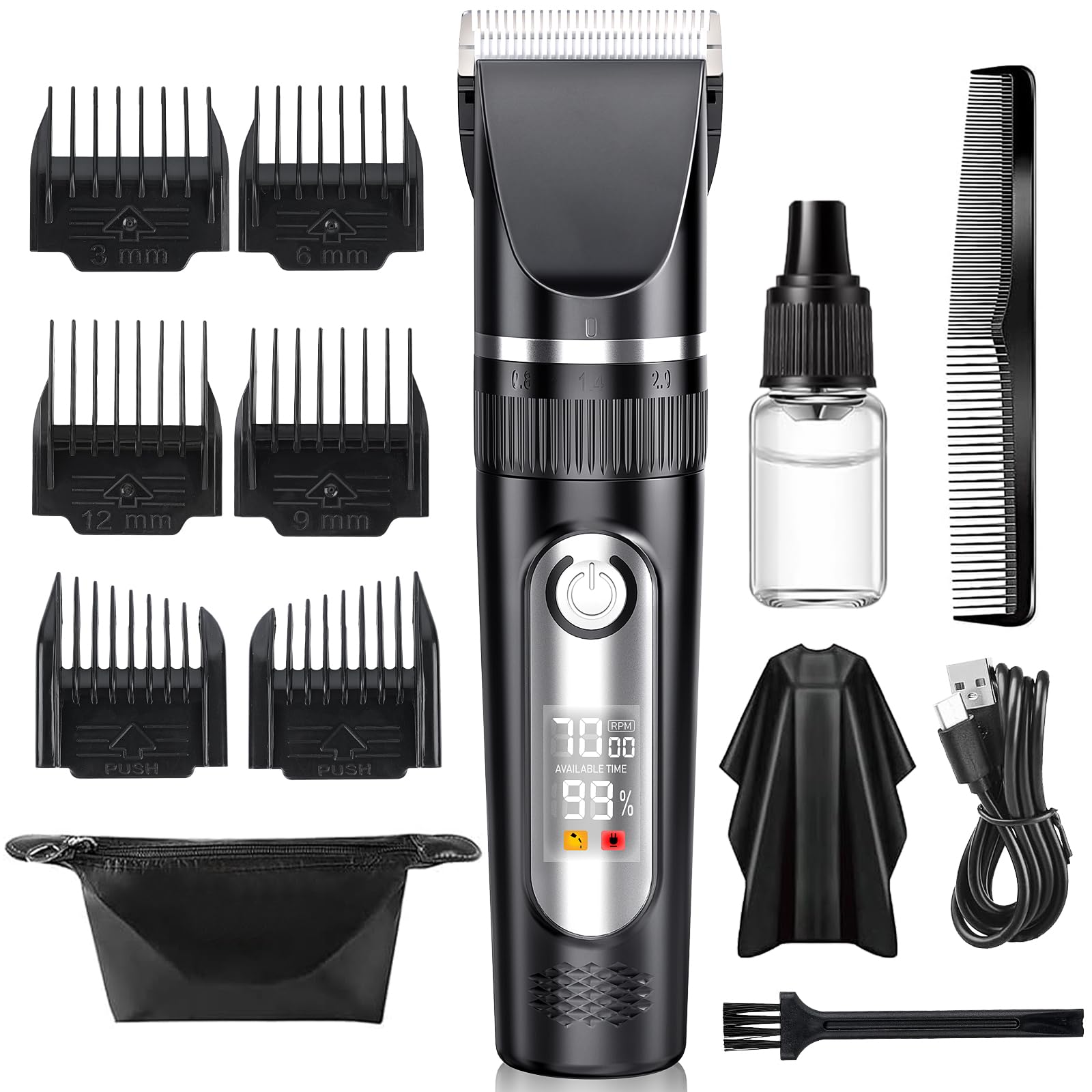 Heshare 이발용 전기 머리 트리머 홈 컷 무선 충전식 대용량 충전식 배터리 2가지 모드 5가지 높이 조절 가능 6가지 유형의 가이드 빗 헤어 커터 초저소음 Led 전원