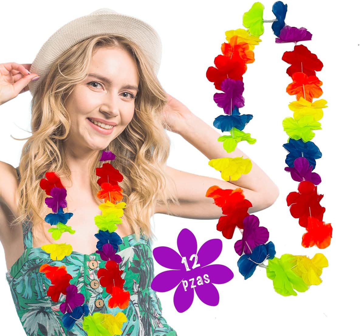 12 Collar Hawaiano Flor Fiesta Colores Neon Batucada Disfraz Banda ...