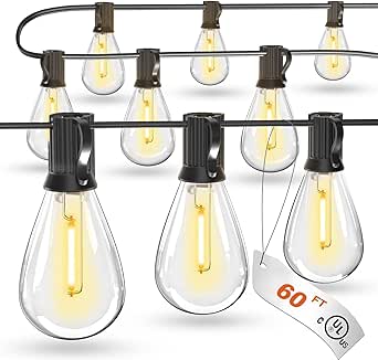 luckystyle 60FT LED Outdoor String Lights with 16+1 Edison Shatterproof ...