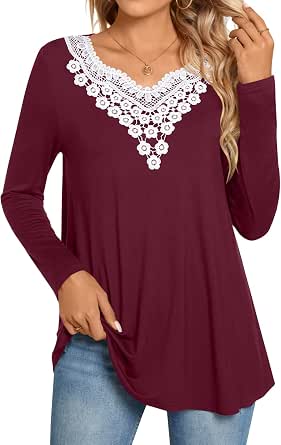 CATHY Womens Long Sleeves Crochet Lace Trim Casual Tunic Tops Fit Flare ...