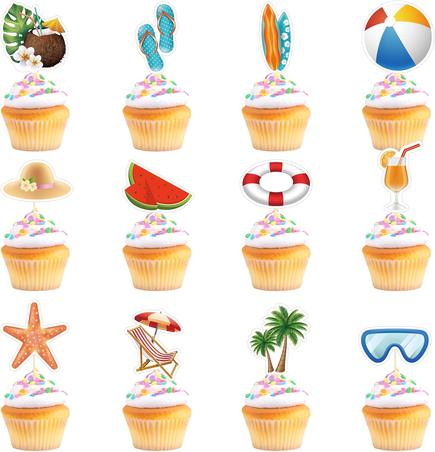 Amazon.com: 24Pcs Summer Beach Cupcake Toppers Ball Sun Umbrella ...