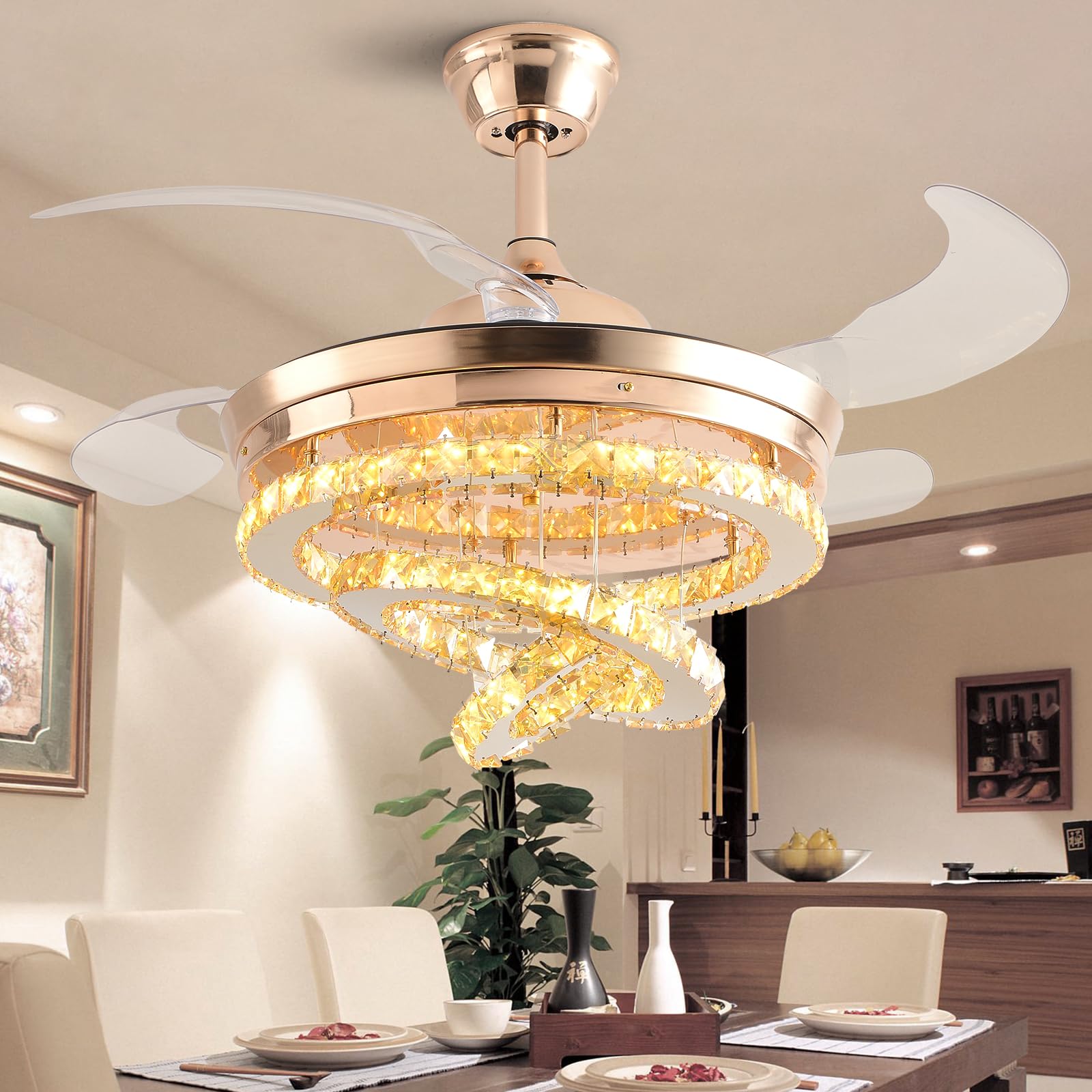 42" Crystal Ceiling Fan with Lights,Modern DIY Crystal Chandelier ...