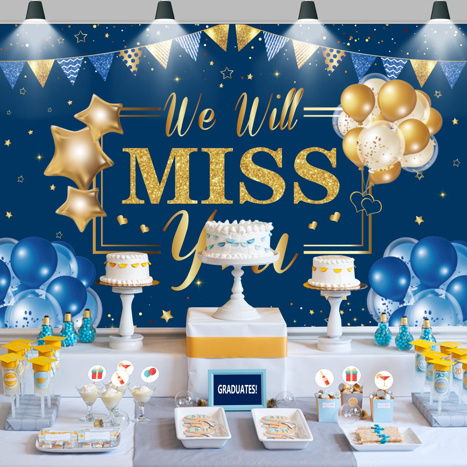 We Will Miss You Party Backdrop, Blue Gold Going Away Party Supplies ...