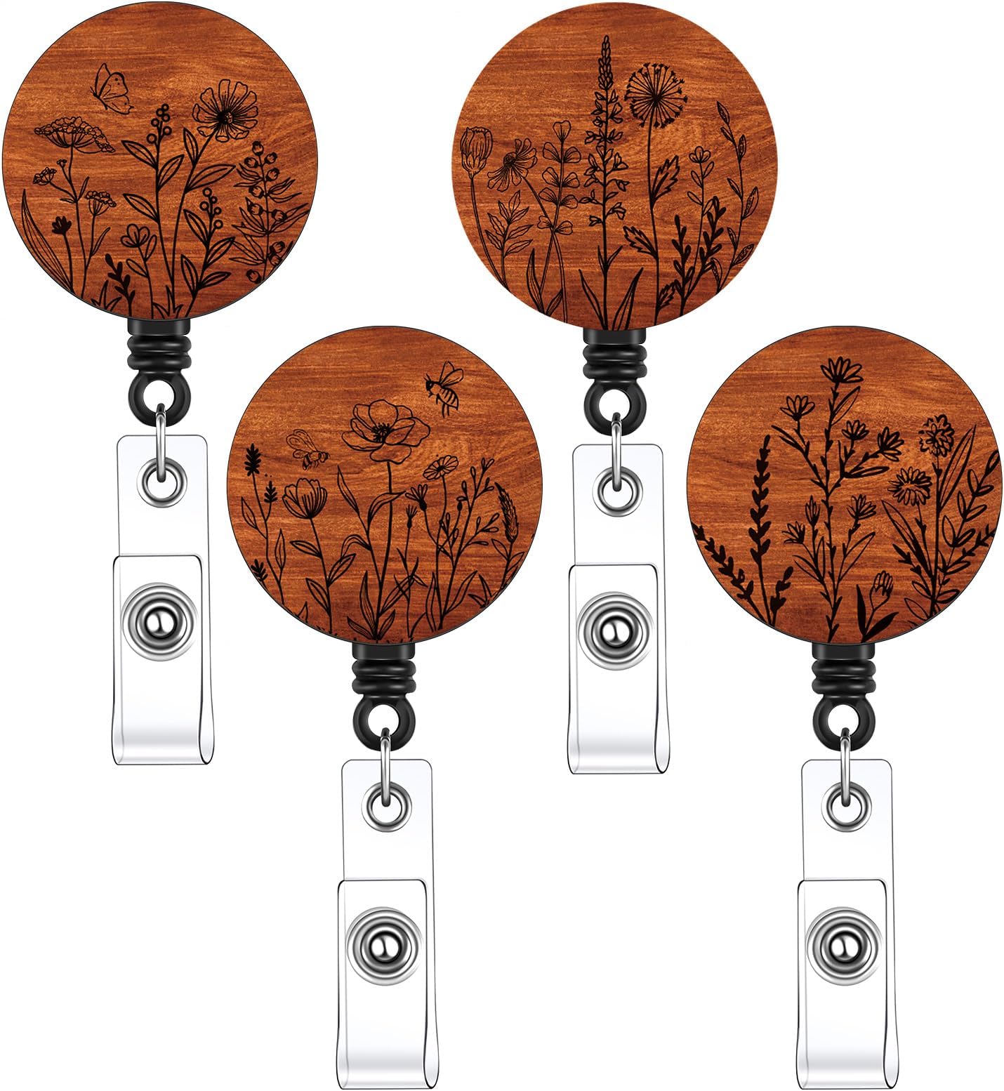 Amazon.com : Lineshading 4 Pcs Flower Badge Reel Cute Badge Reel Wooden ...