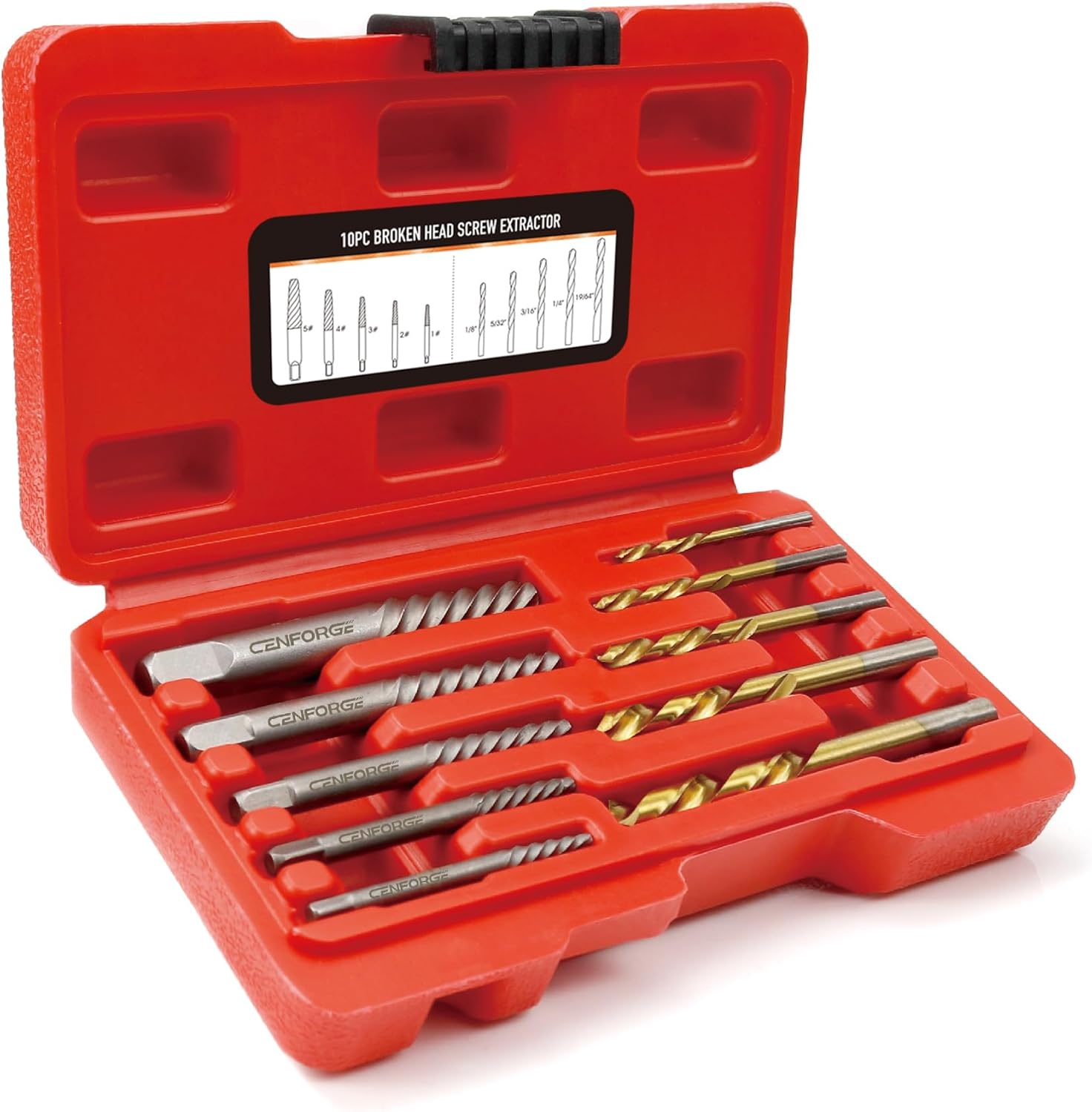 Cenforge 10-Piece Screw Extractor and Left-Hand Drill Bit Set, 1/8" to ...