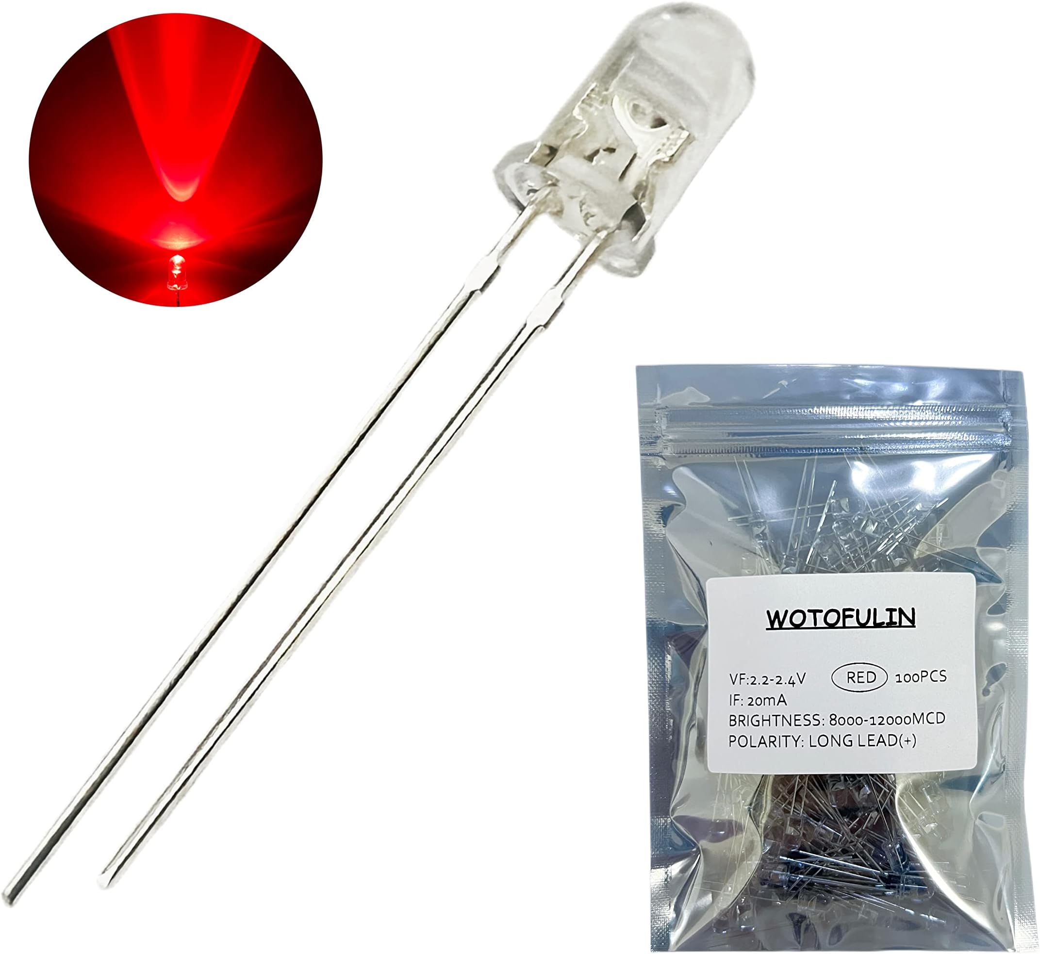 WOTOFULIN 5mm Red LED Diode Lights 100pcs DC 2V 20mA Round Clear Lens ...