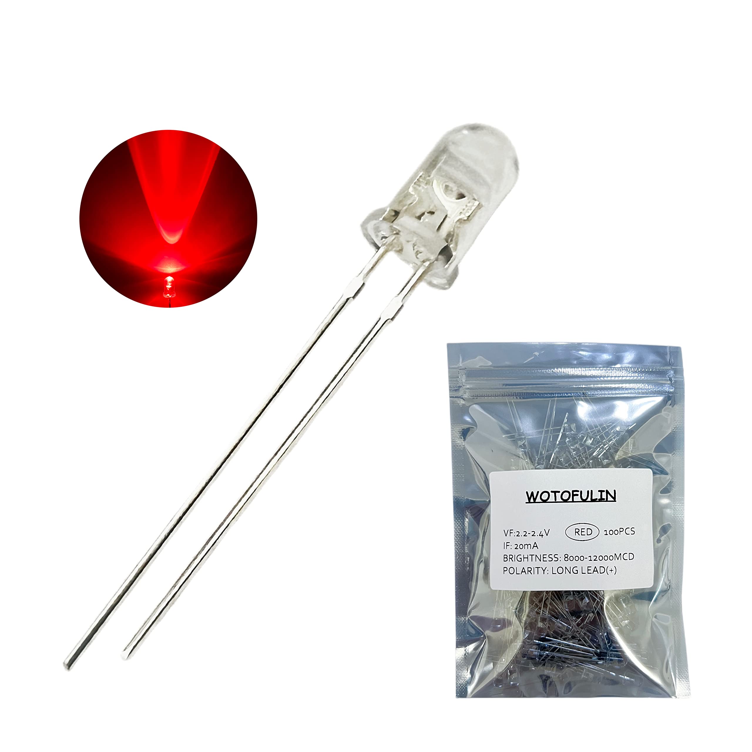 WOTOFULIN 5mm Red LED Diode Lights 100pcs DC 2V 20mA Round Clear Lens ...