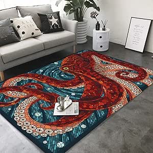 Amazon.com: Octopus Rug Horror Red Octopus Carpet Sea Theme Blue Modern ...
