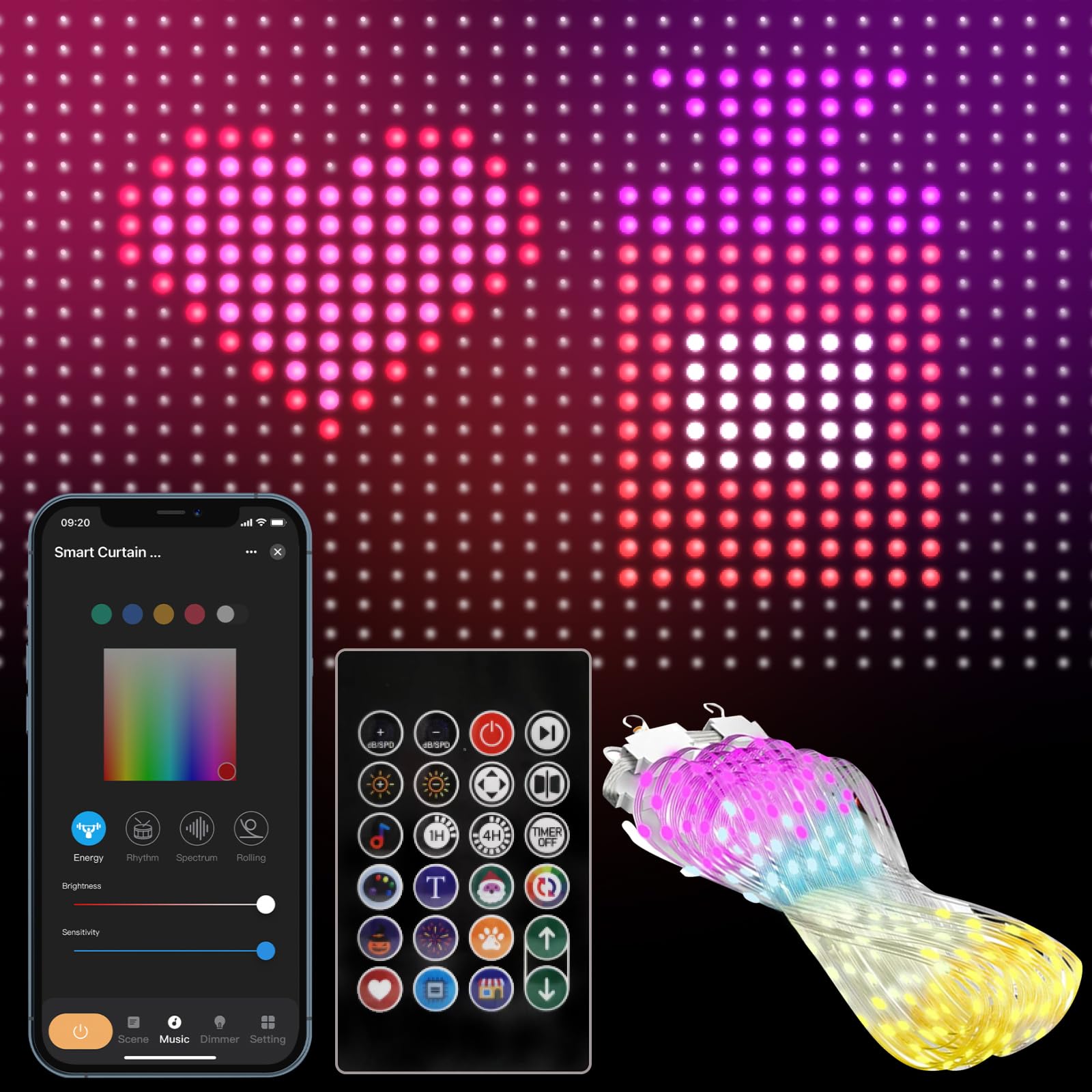 Smart curtain light, LED curtain lights, valentines lights with remote ...