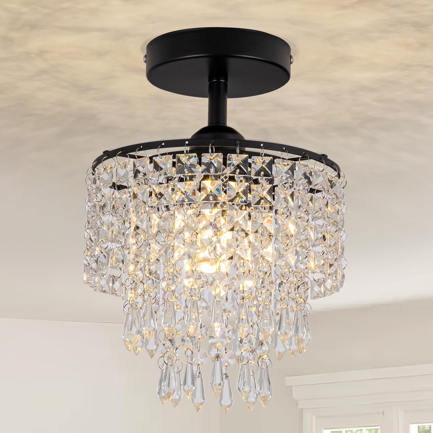 HongnuoFc 8" Black Chandelier 3-Tier Crystal Raindrop Flush Mount ...