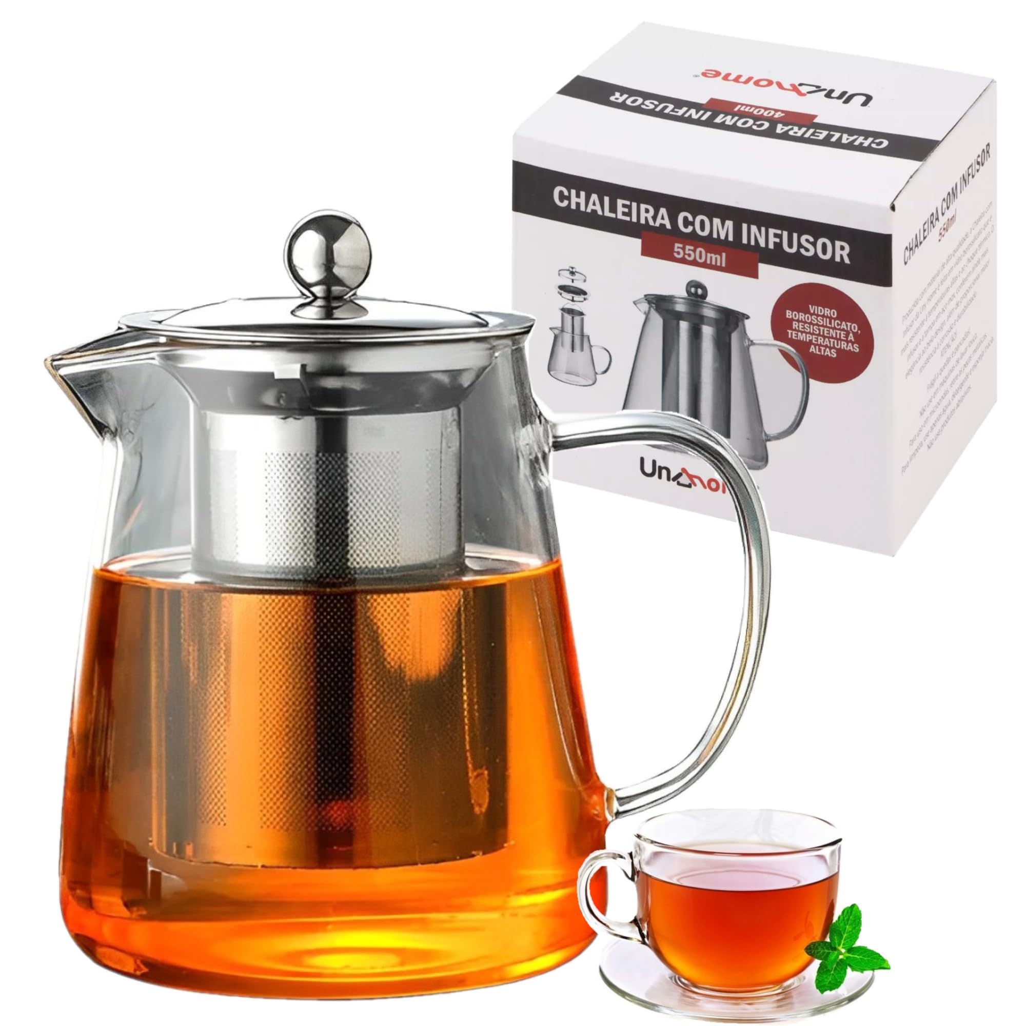 Chaleira De Vidro Com Infusor De Chá Inox Bule Cozinha 550ml Uny Home ...