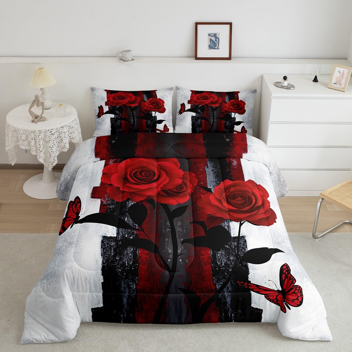Amazon.com: Black Grey Red Ombre Comforter Sets Twin,Red Rose ...