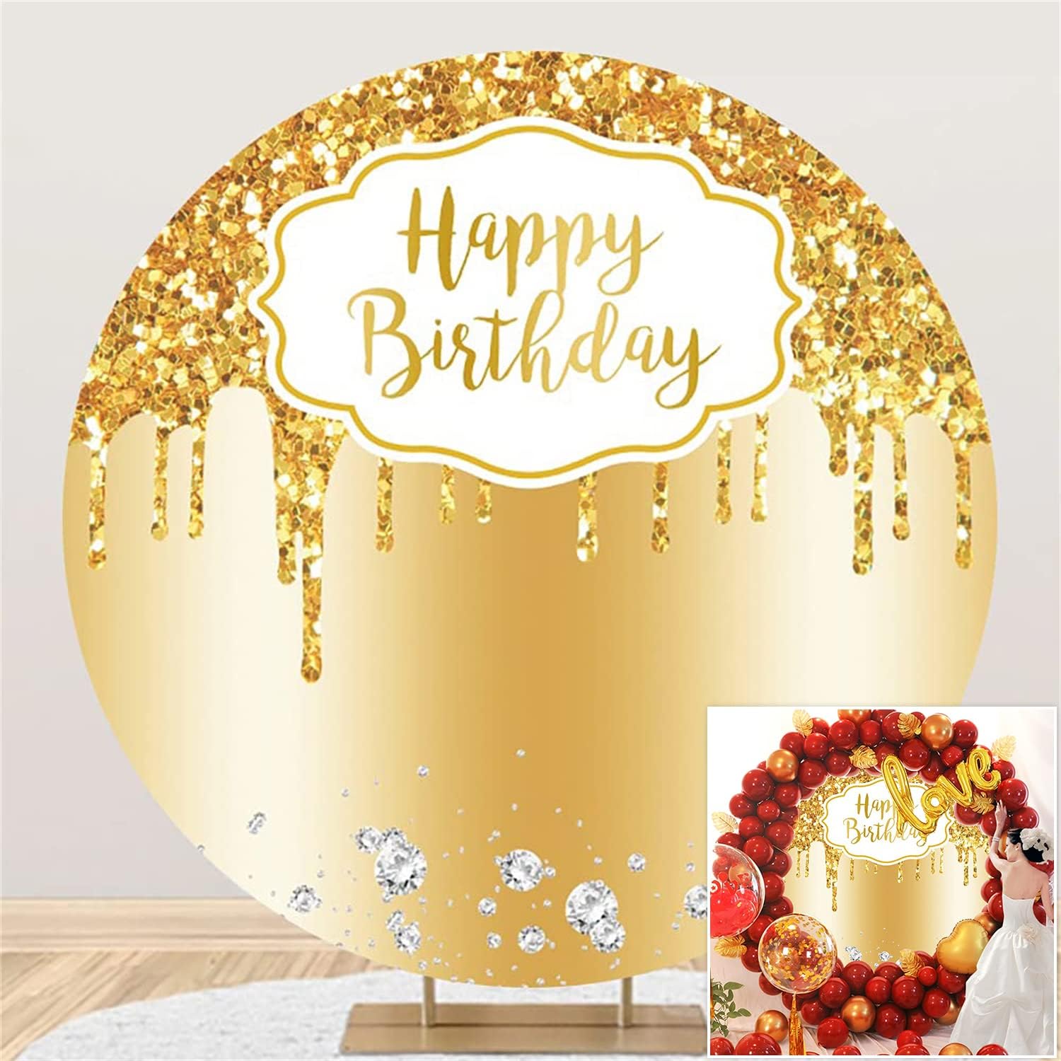 Amazon.com : Leowefowa Round Golden Glittering Happy Birthday Backdrop ...